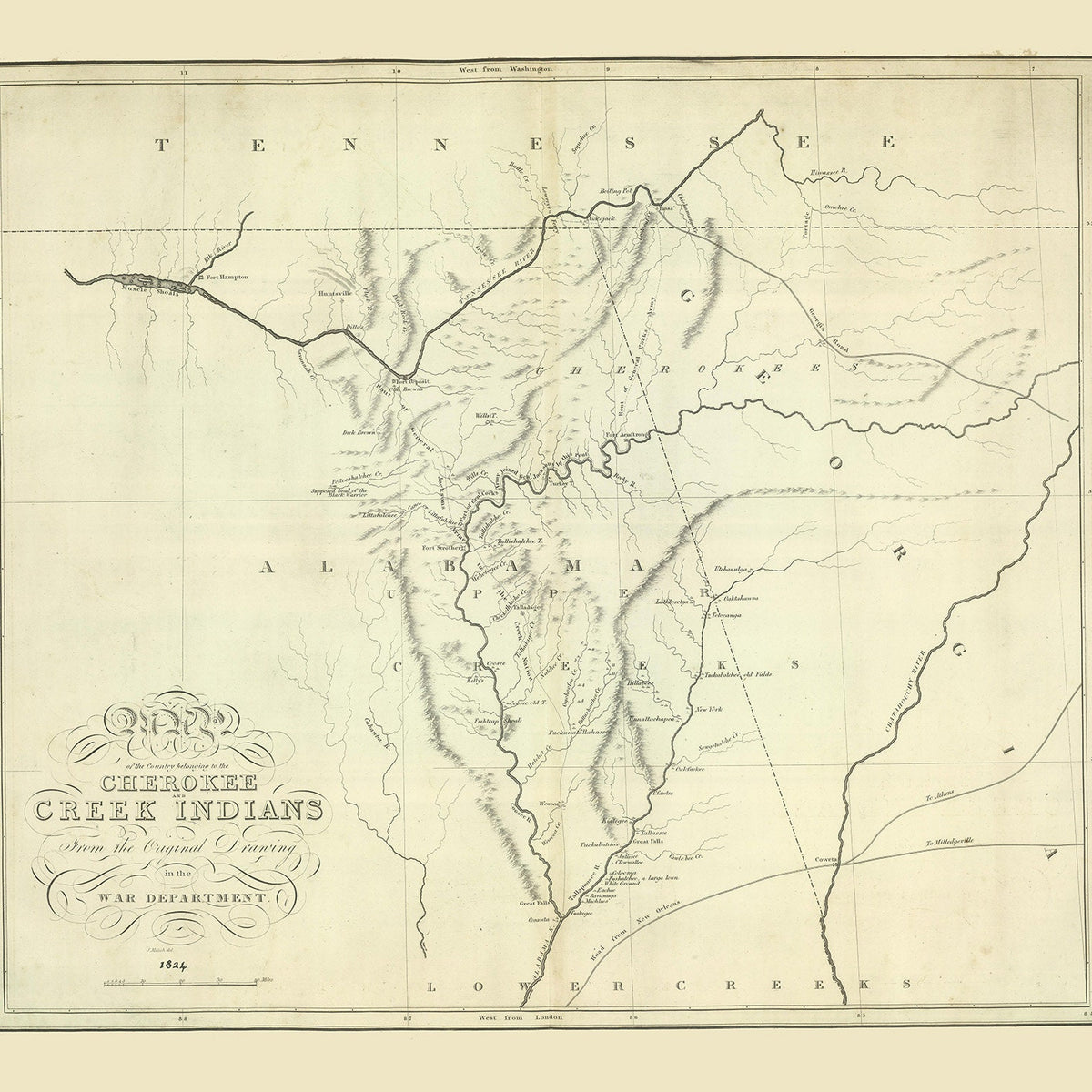1824 Map of Cherokee and Creek Indians In Georgia and Alabama ...