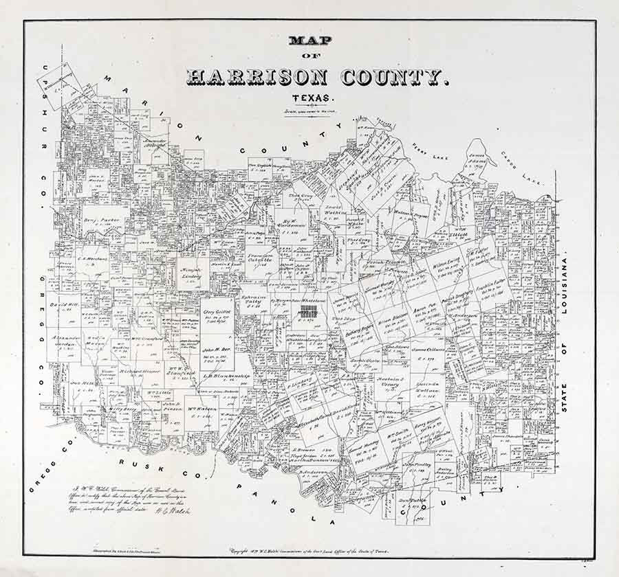 1879 Farm Line Map of Harrison County Texas – Genealogical Surveyor