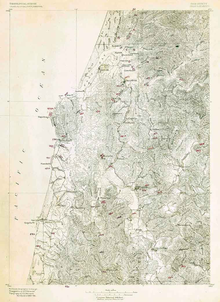 1896 Topo Map of Coos Bay Oregon Cape Arago – Genealogical Surveyor