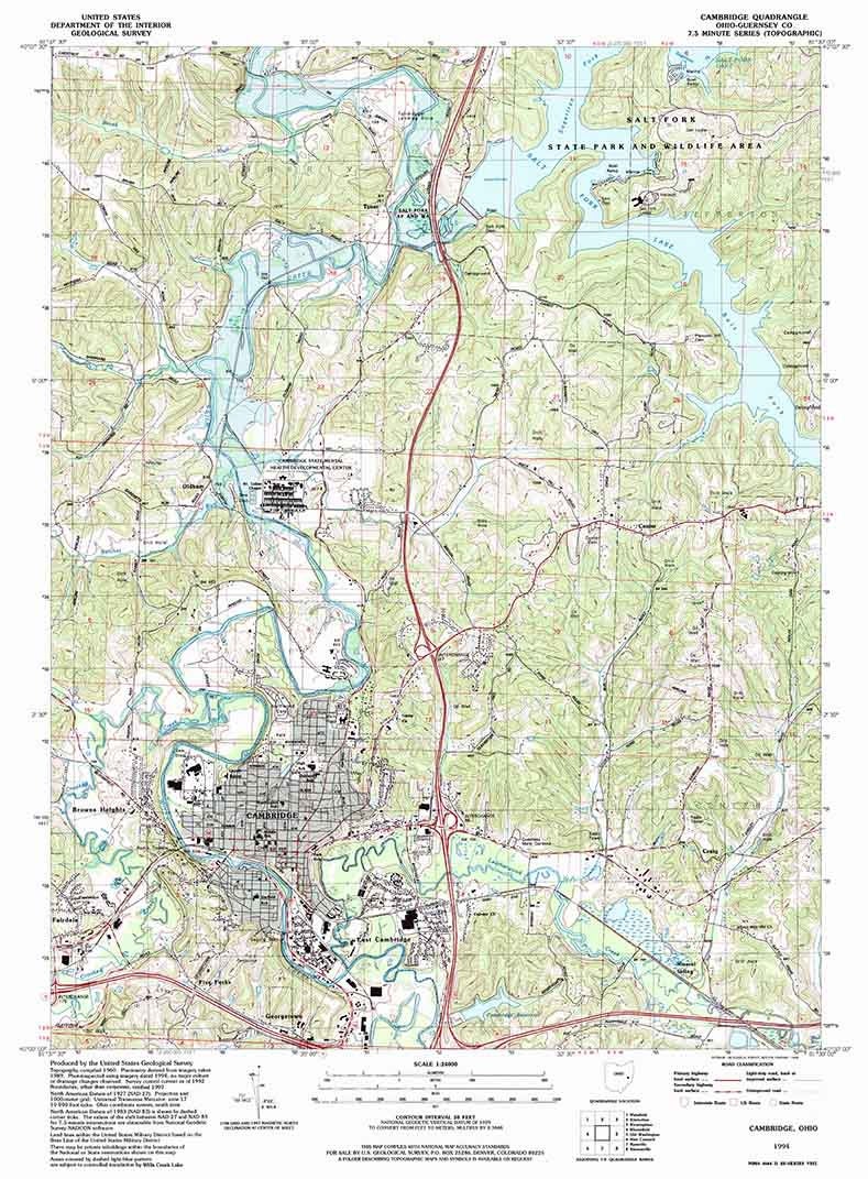 1994 Topo Map of Cambridge Ohio Quadrangle Salt Fork Lake ...