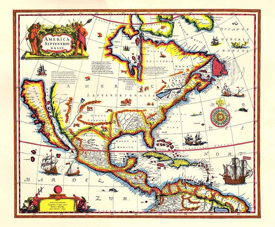 1629 Map of America Mexico Northern South America Caribbean Islands ...