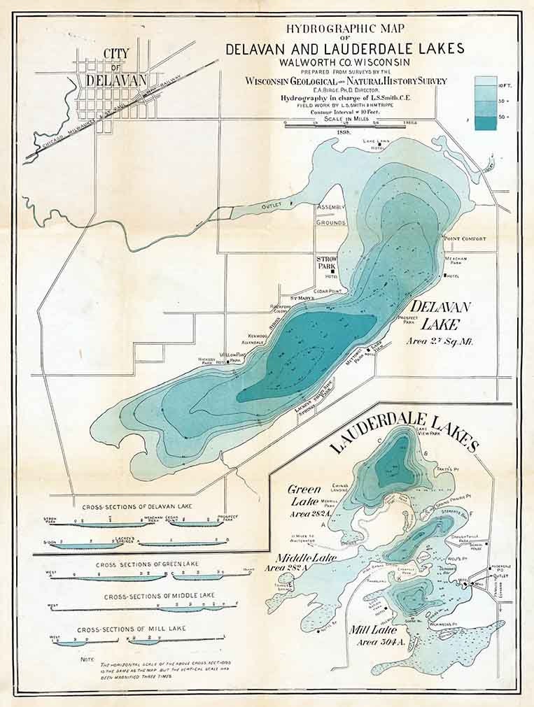 1898 Map of Delavan and Lauderdale Lakes Walworth County Wisconsin ...