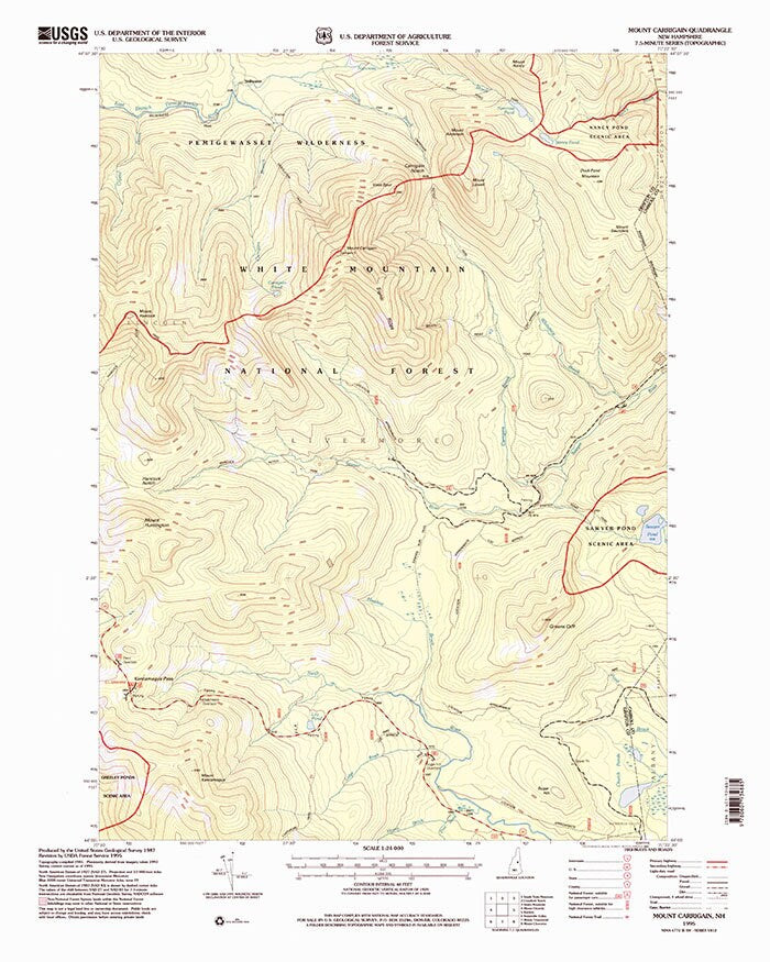 1995 Topo Map of Mount Carrigain New Hampshire White Mountains ...