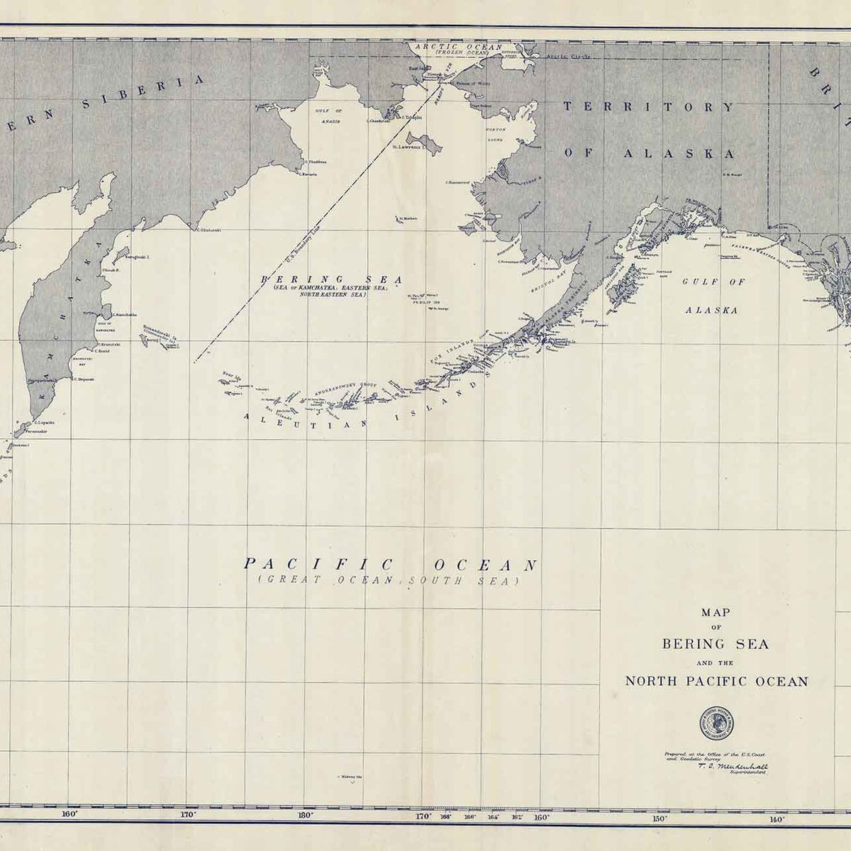1892 Map of the North Pacific Ocean Siberia Alaska Aleutian Islands ...