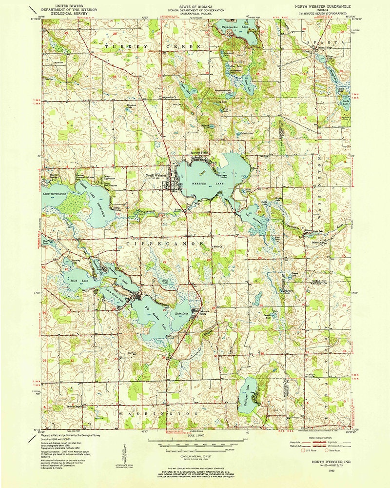 1950 Topo Map of North Webster Quadrangle Indiana Lake Webster ...