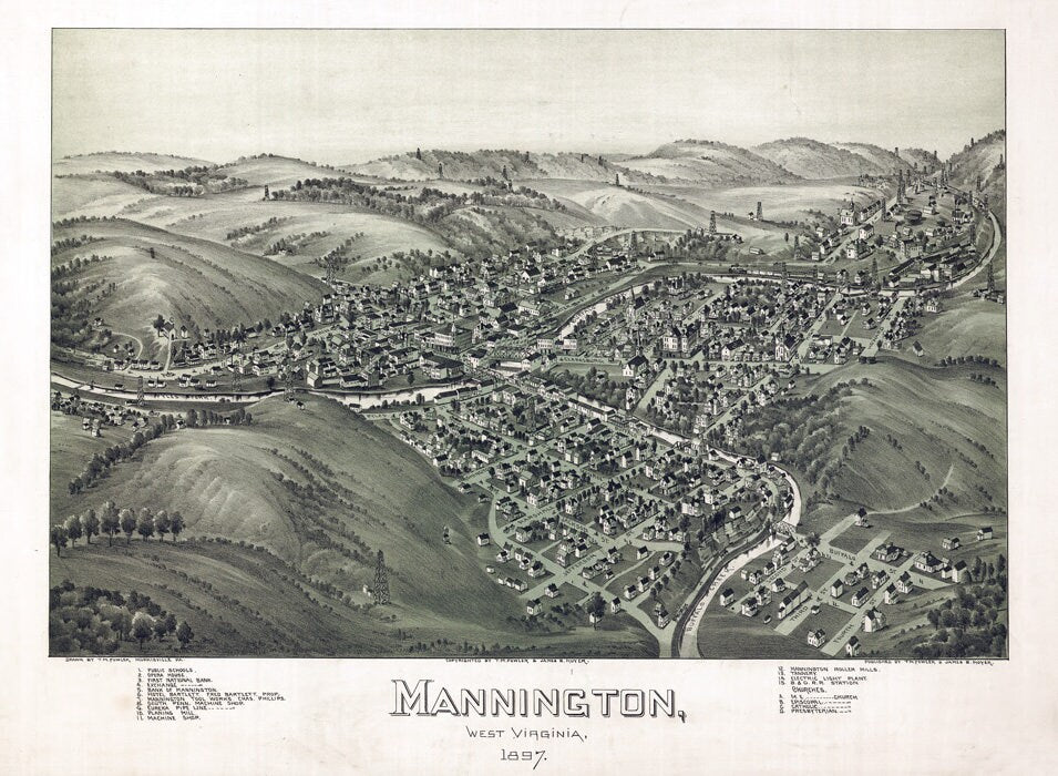 1897 Panoramic Aerial Map of Mannington West Virginia & Oil Wells ...