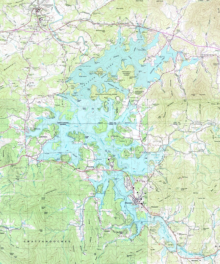 1988 Topo Map of Chatuage Lake and Hiwassee River Georgia North Caroli ...