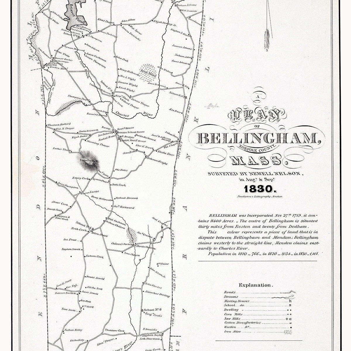 1830 Town Map of Bellingham Norfolk County Massachusetts – Genealogical ...