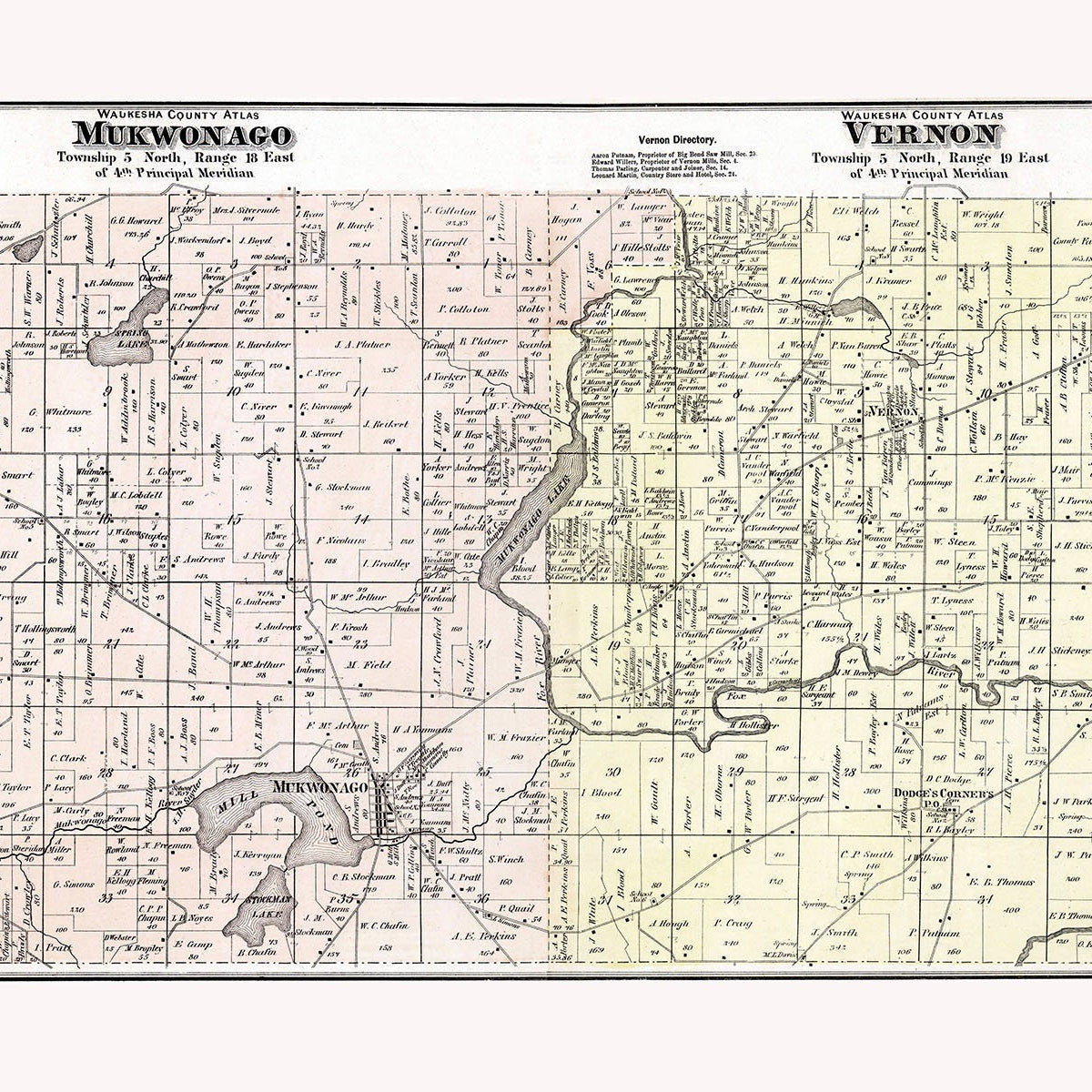 1873 Map of Mukwonago and Vernon Township Waukesha County Wisconsin ...
