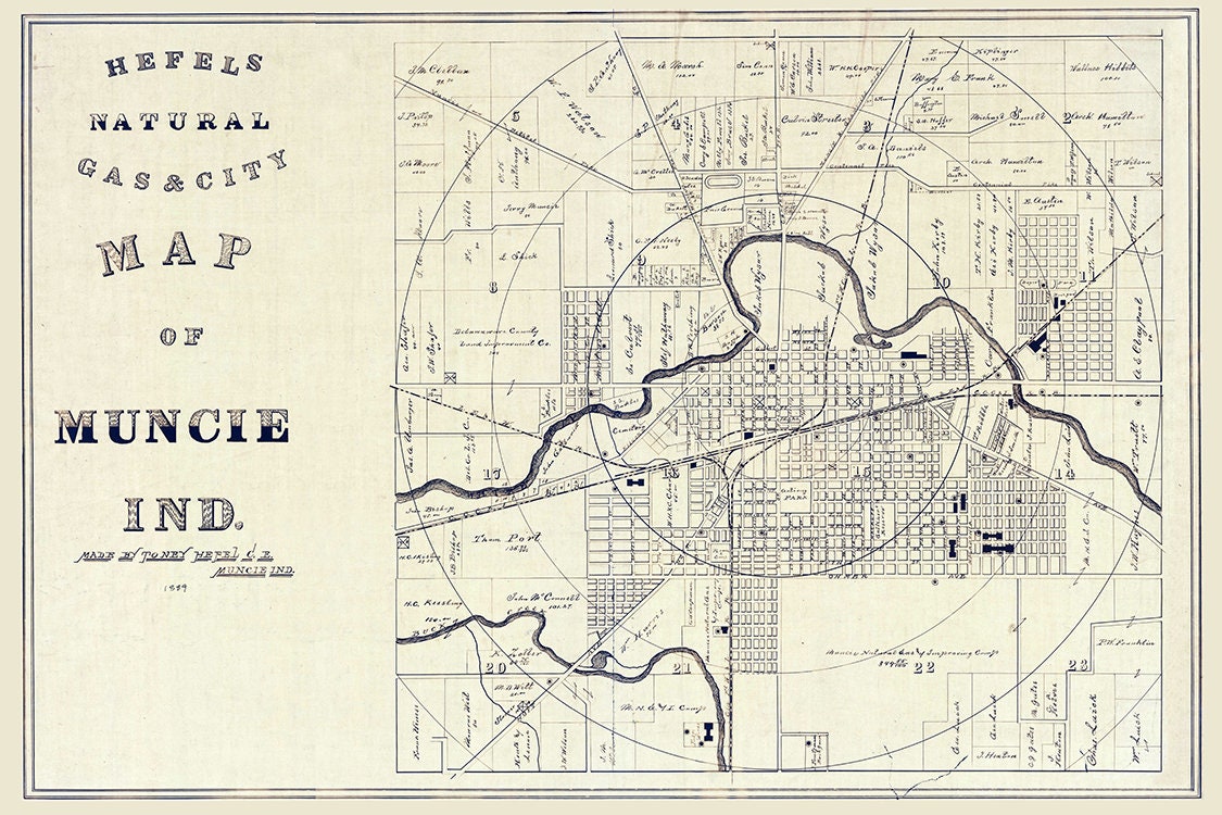 1889 Map of Muncie Indiana Natural Gas Wells – Genealogical Surveyor