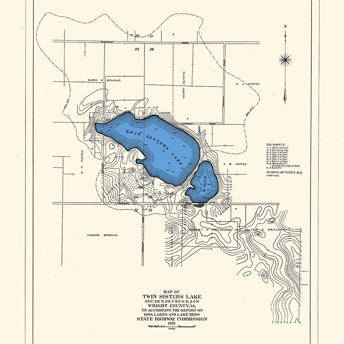 1915 Map of Twin Sisters Lake Wright County Iowa – Genealogical Surveyor