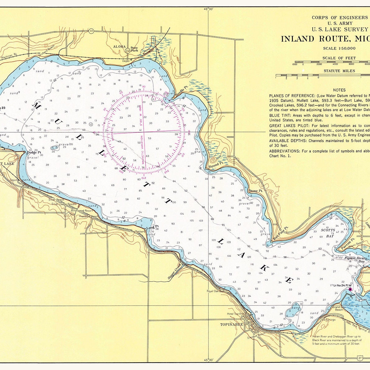 1960 Nautical Map of Mullett Lake Michigan – Genealogical Surveyor