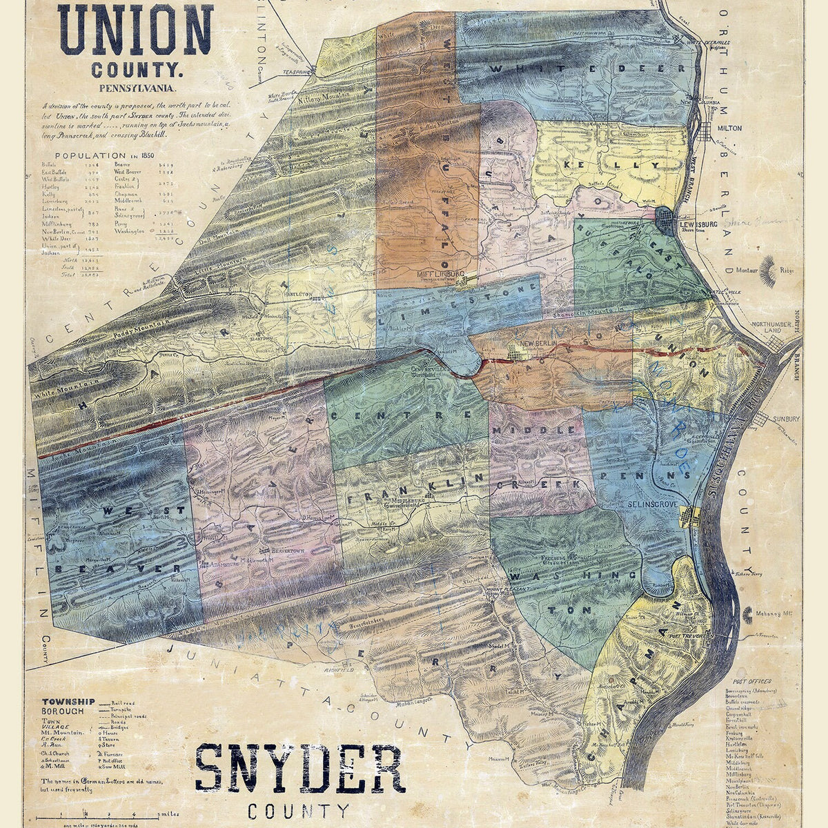 1850 Map of Snyder County and Union County Pennsylvania – Genealogical ...