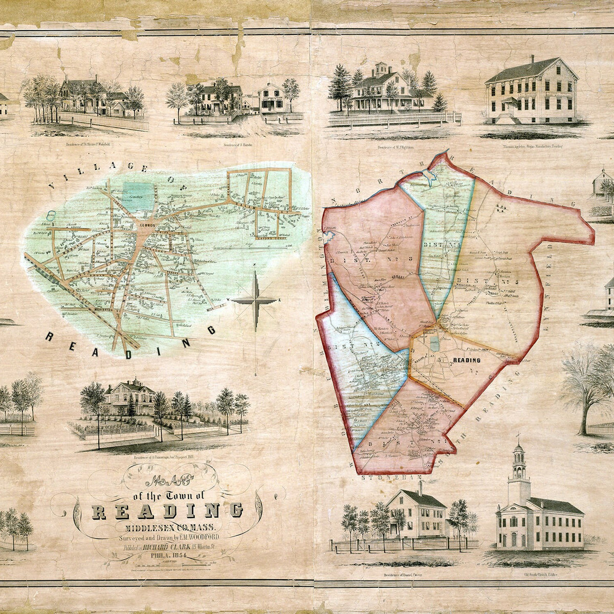 1854 Town Map of Reading Middlesex County Massachusetts – Genealogical ...