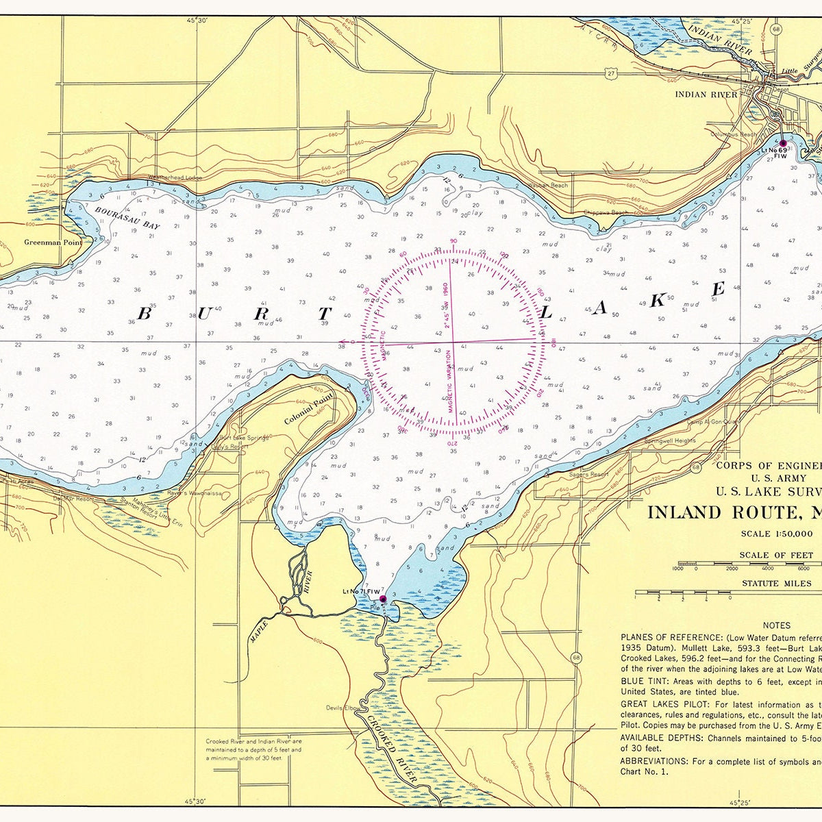 1960 Nautical Map of Burt Lake Michigan – Genealogical Surveyor