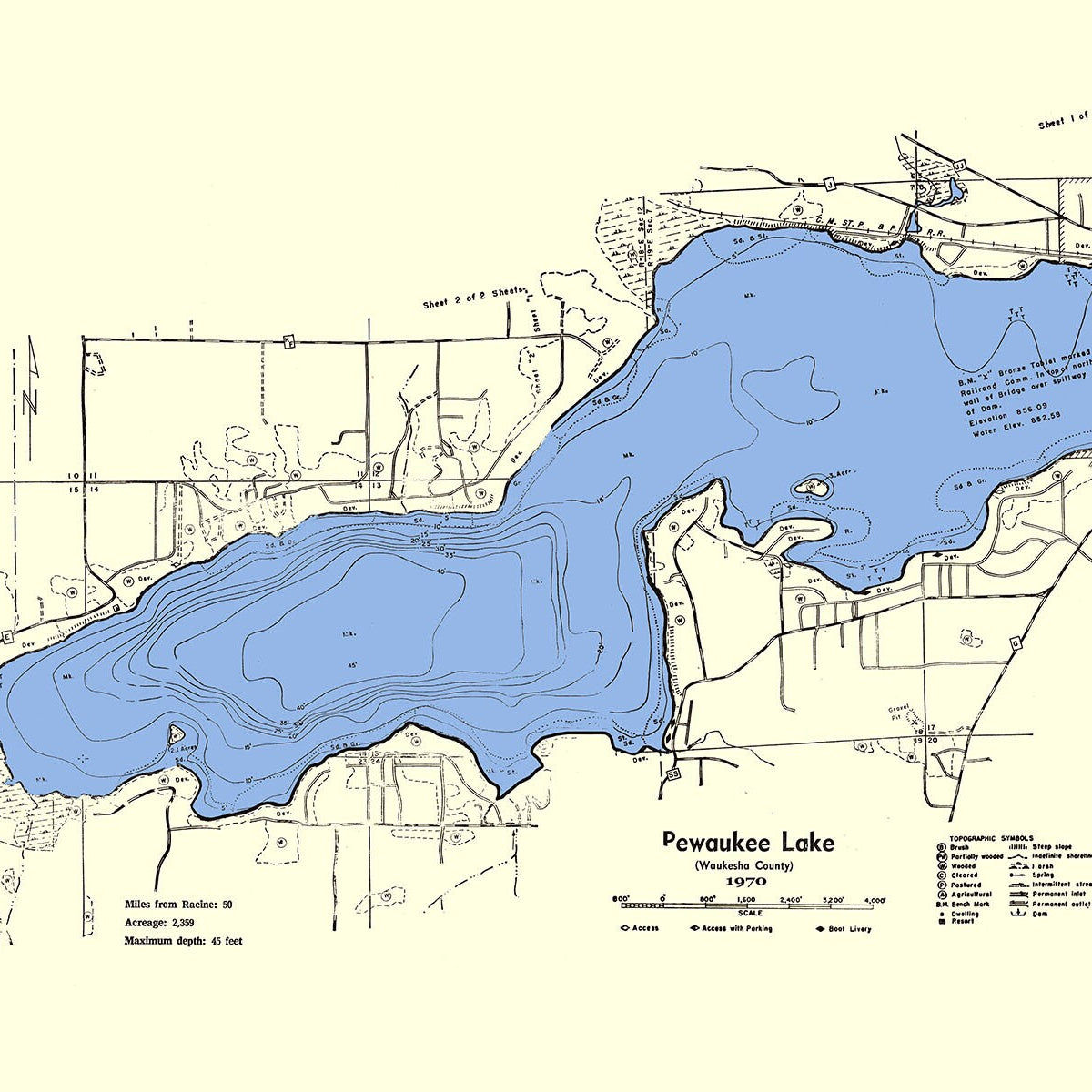 1970 Map of Pewaukee Lake Waukesha County Wisconsin – Genealogical Surveyor
