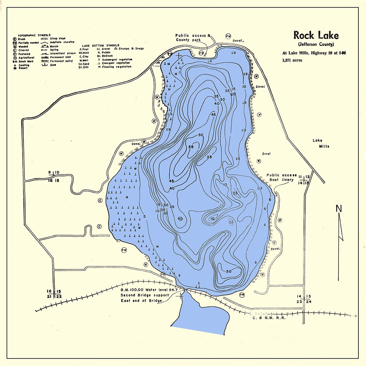 1970 Map of Rock Lake Jefferson County Wisconsin Lake Mills ...