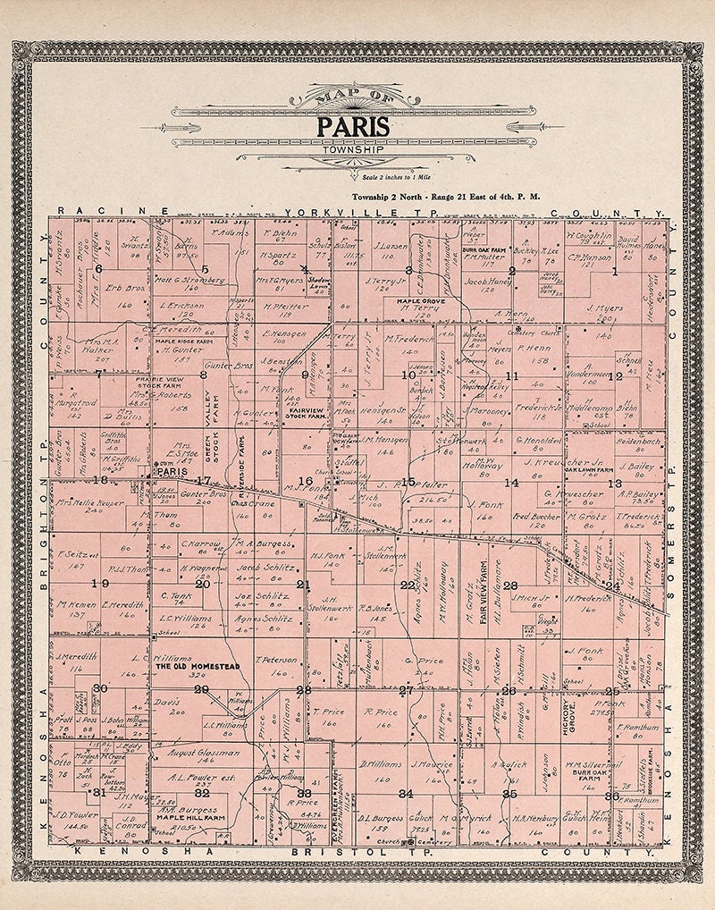 1908 Map of Paris Township Kenosha County Wisconsin – Genealogical Surveyor