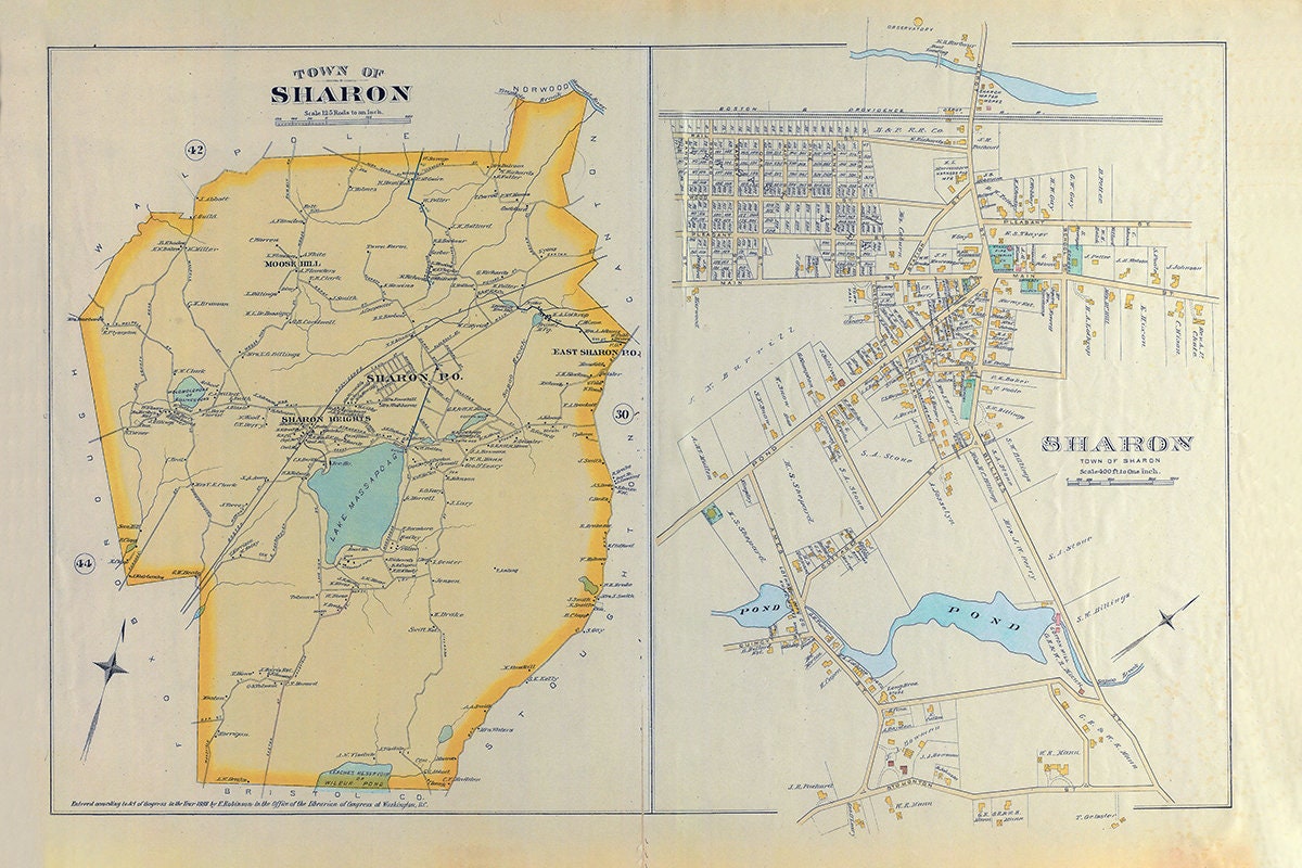 1888 Town Map of Sharon Norfolk County Massachusetts – Genealogical ...