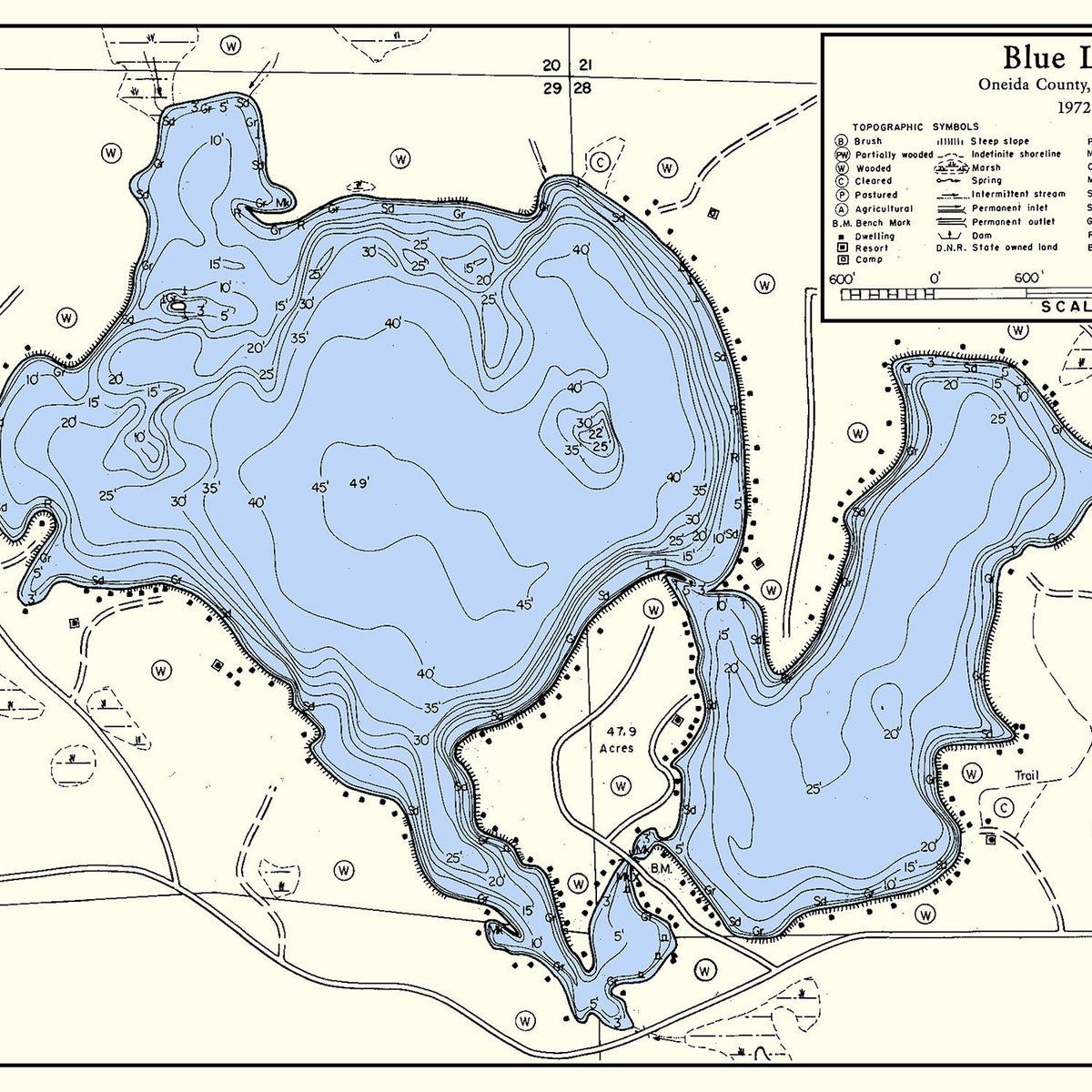1972 Map of Blue Lake Oneida County Wisconsin – Genealogical Surveyor