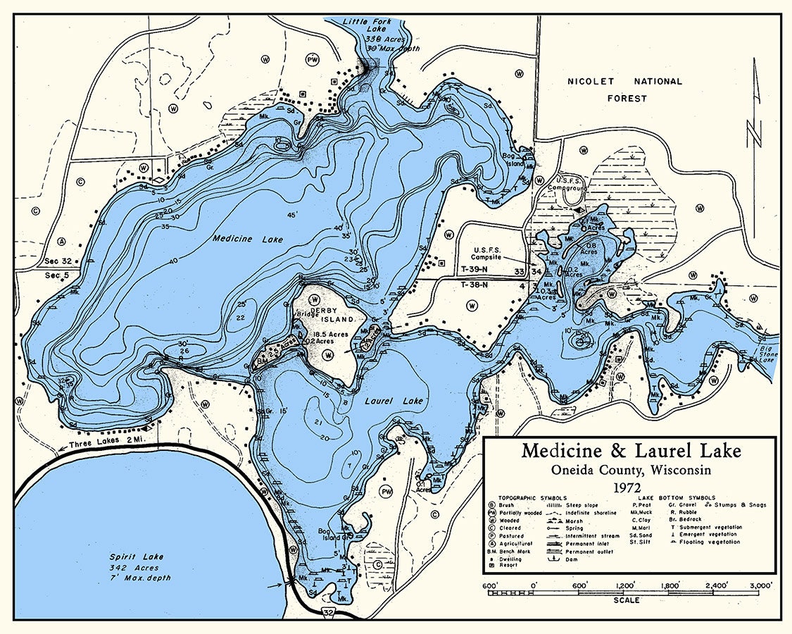 1972 Map of Medicine and Laurel Lakes Oneida County Wisconsin ...