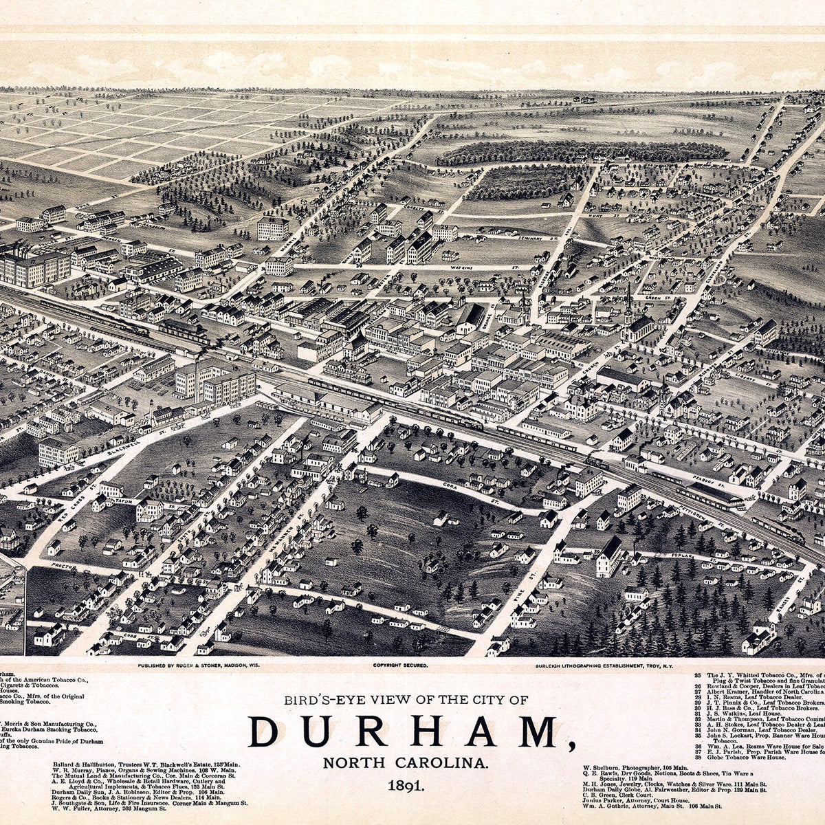 1891 Panoramic Map of Durham North Carolina – Genealogical Surveyor