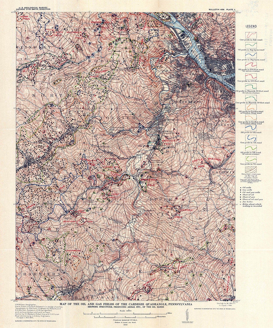 1910 Map of Carnegie Quadrangle Pennsylvania Oil and Gas Fields ...