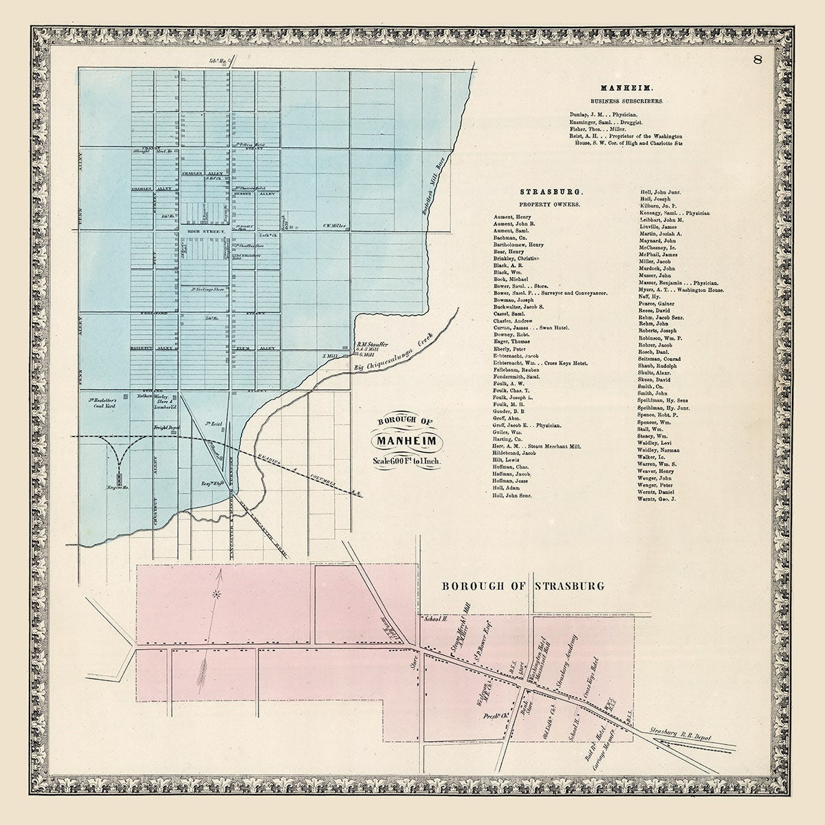 1864 Town Map of Manheim Lancaster County Pennsylvania Strasburg ...