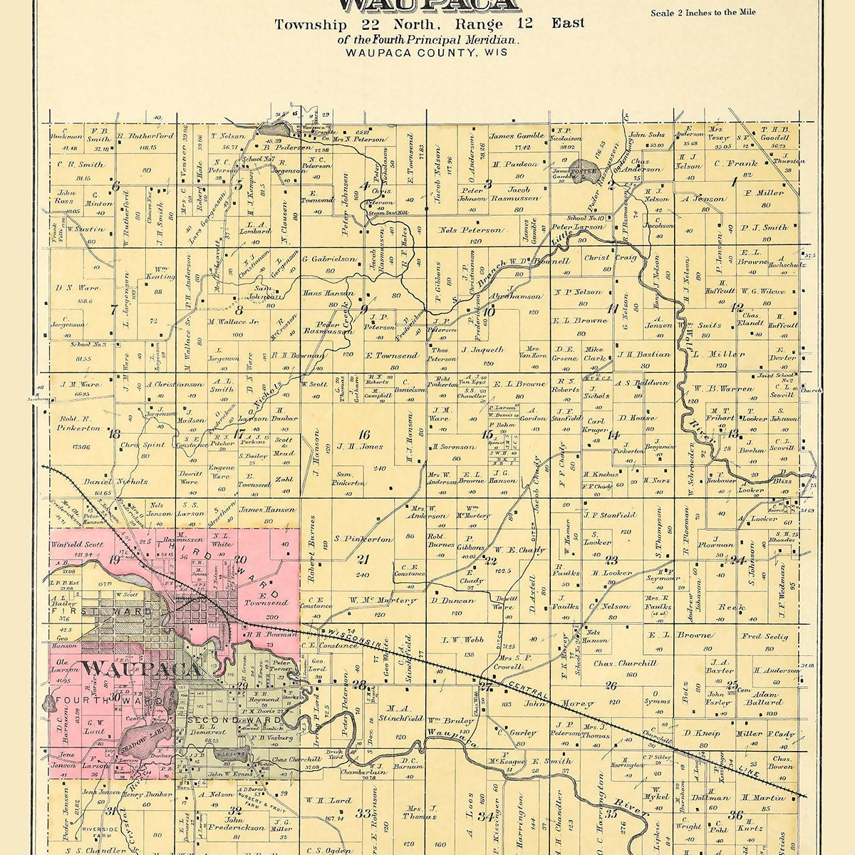 1889 Map of Waupaca Township Waupaca County Wisconsin – Genealogical ...