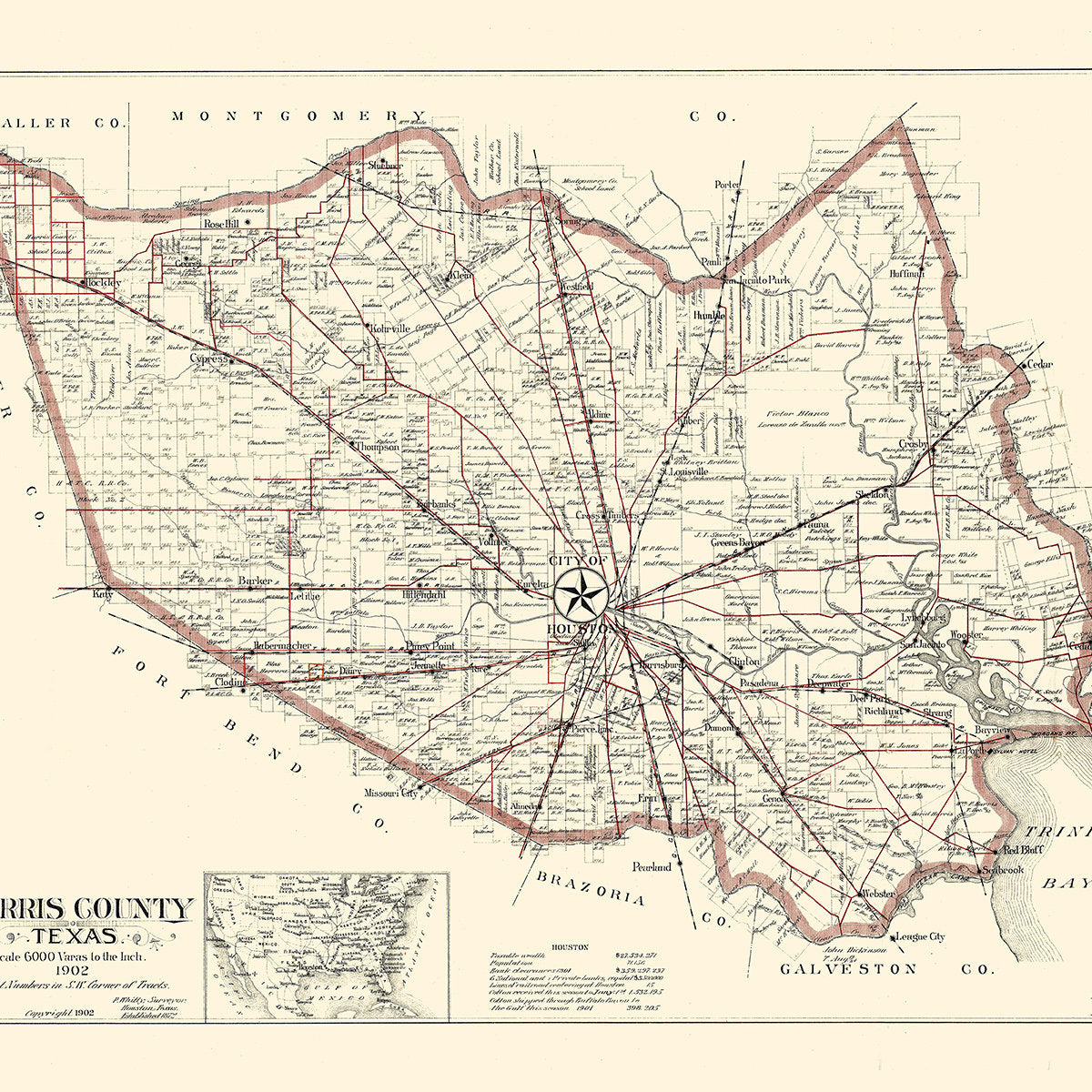 1902 Map of Harris County Texas Houston – Genealogical Surveyor