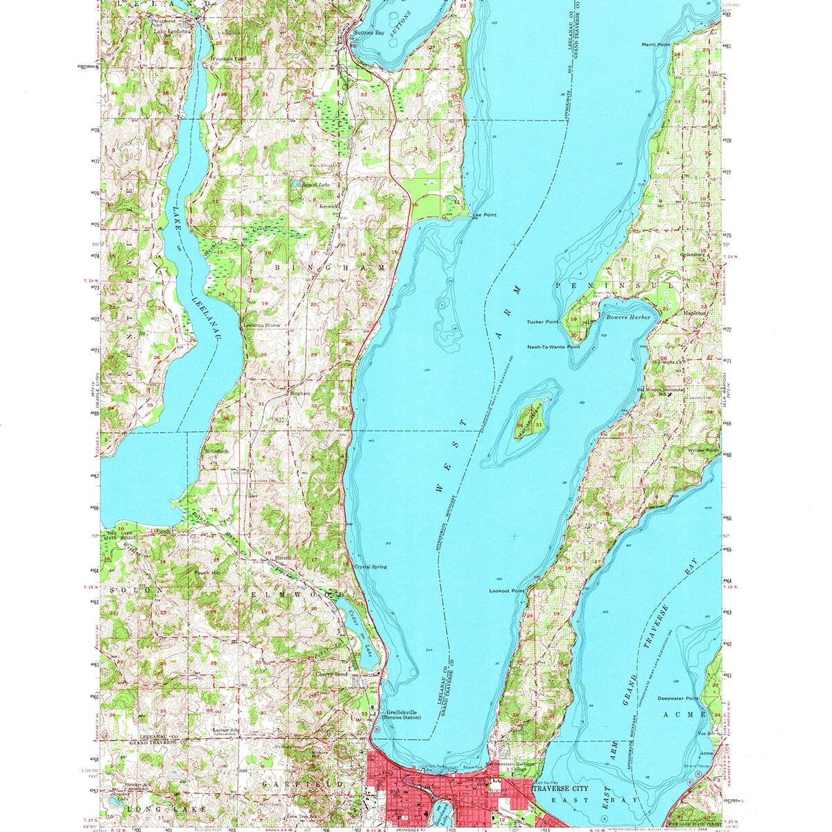 1957 Topo Map of Traverse City Michigan Grand Traverse Bay ...