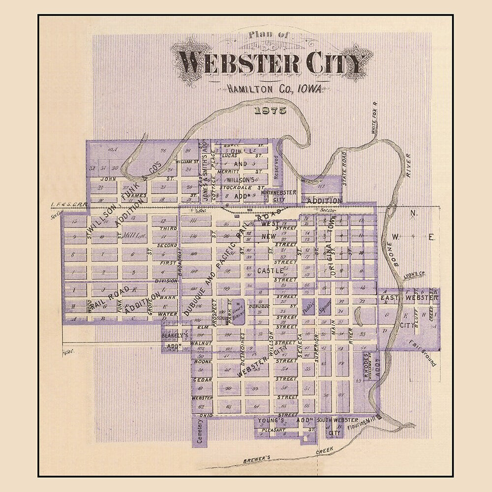 1875 Town Map of Webster City Hamilton County Iowa – Genealogical Surveyor