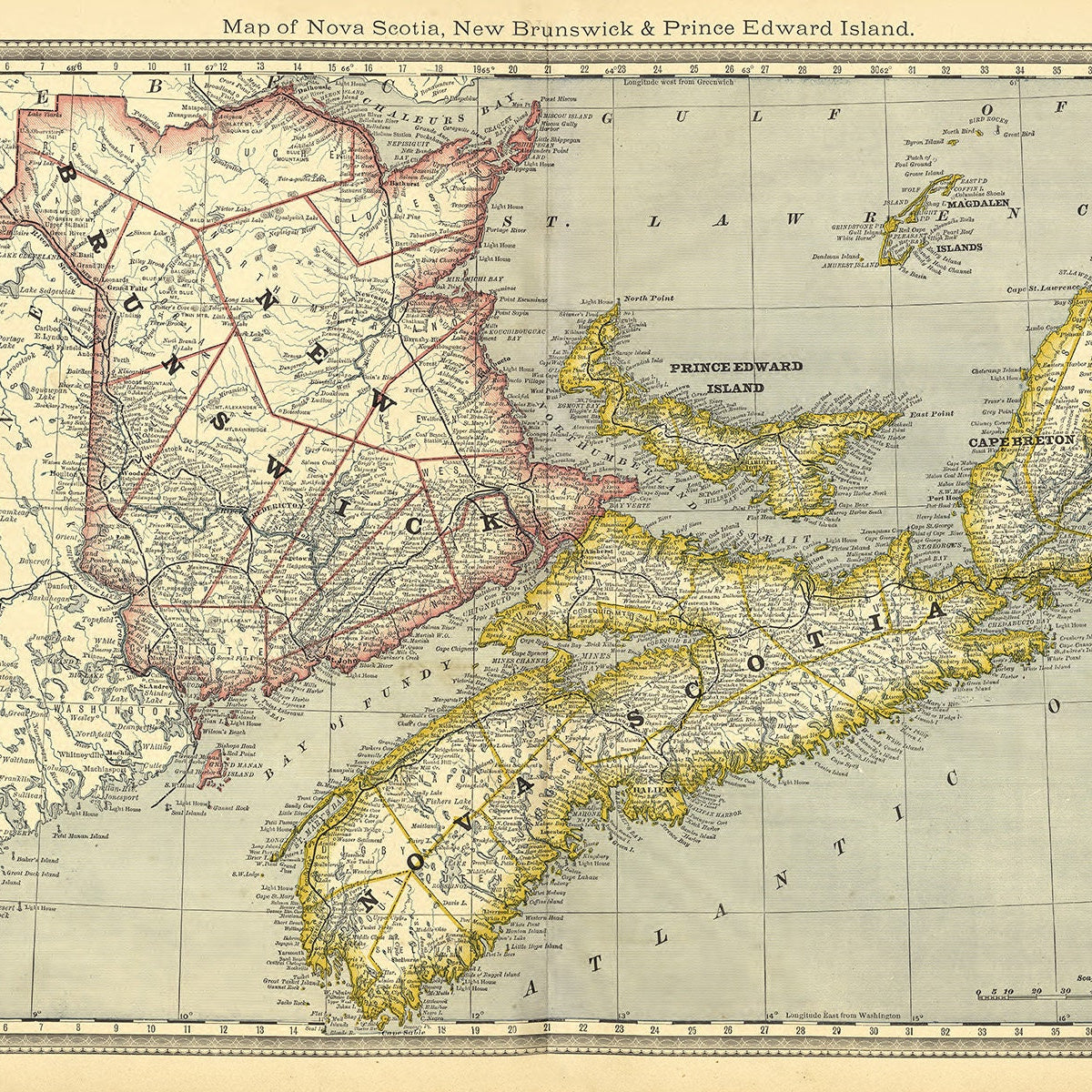 1881 Map of Nova Scotia New Brunswick and Prince Edward Island Canada ...