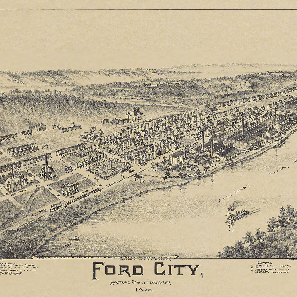 1896 Panoramic Map of Ford City Armstrong County Pennsylvania ...