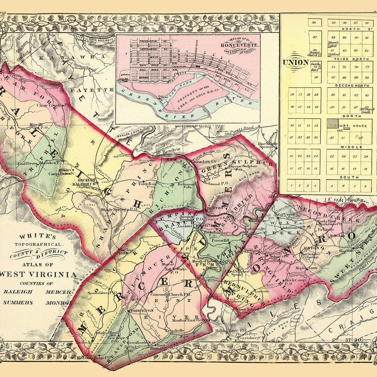 1873 Map of Raleigh Mercer Summers and Monroe County West Virginia ...