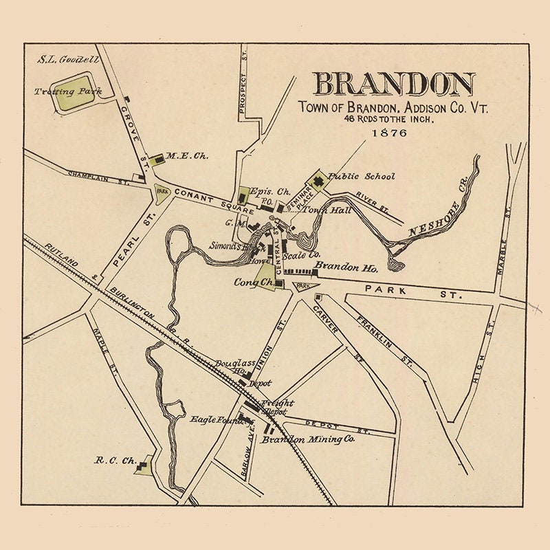 1876 Town Map of Brandon Vermont – Genealogical Surveyor