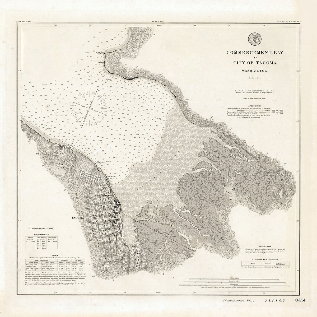 1888 Nautical Chart of Commencement Bay and City of Tacoma Washington ...