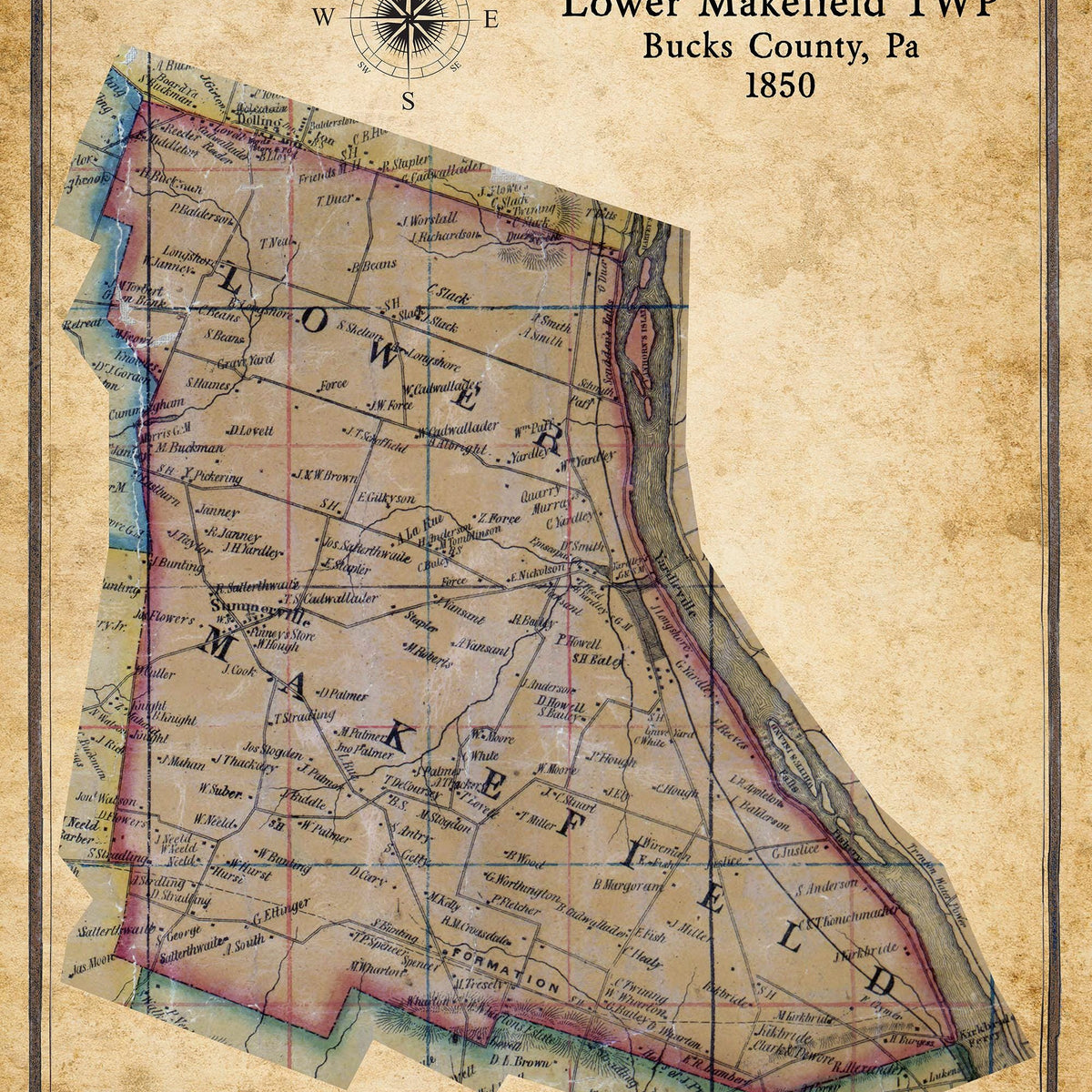 1850 Map of Lower Makefield Township Bucks County Pennsylvania ...