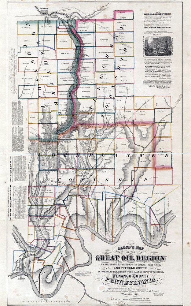 1864 Map of the great oil region of Allegheny River Venango County Pen ...