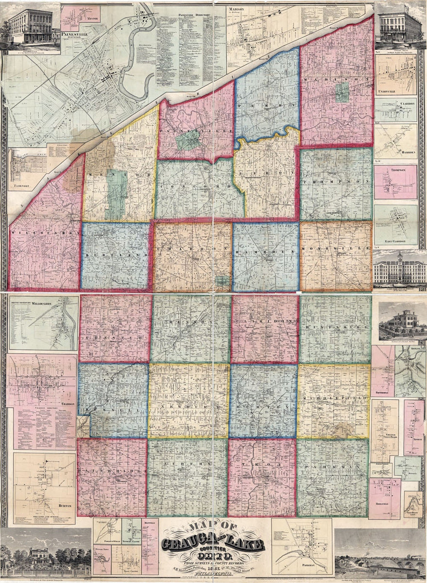 1857 Farm Line Map of Geauga and Lake County Ohio Painesville ...