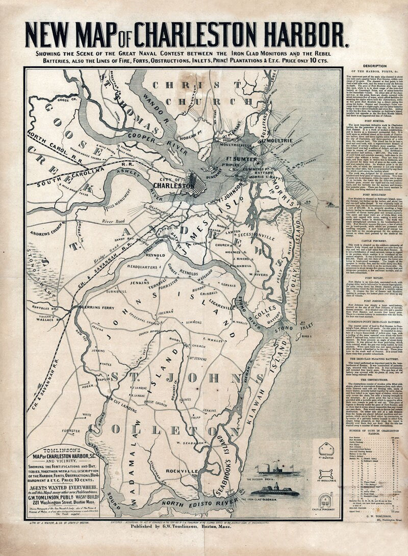 1863 Map of Charleston Harbor South Carolina Landowner Names ...