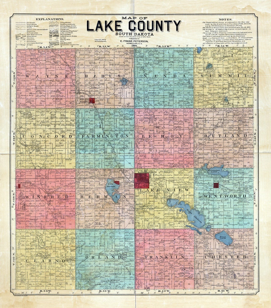 1899 Map of Lake County South Dakota Madison – Genealogical Surveyor