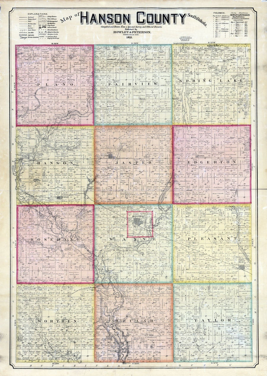 1893 Map of Hanson County South Dakota Alexandria – Genealogical Surveyor