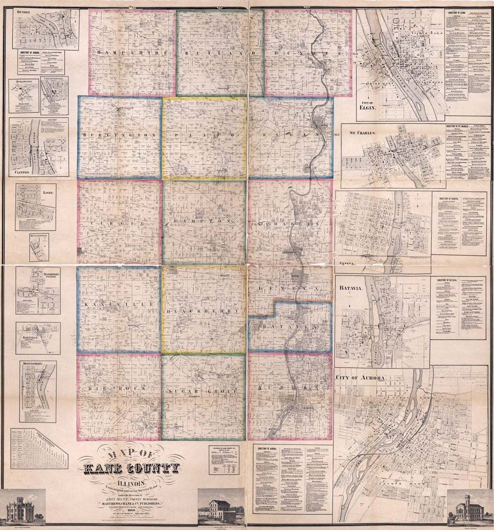 1860 Farm Line Map of Kane County Illinois Aurora – Genealogical Surveyor