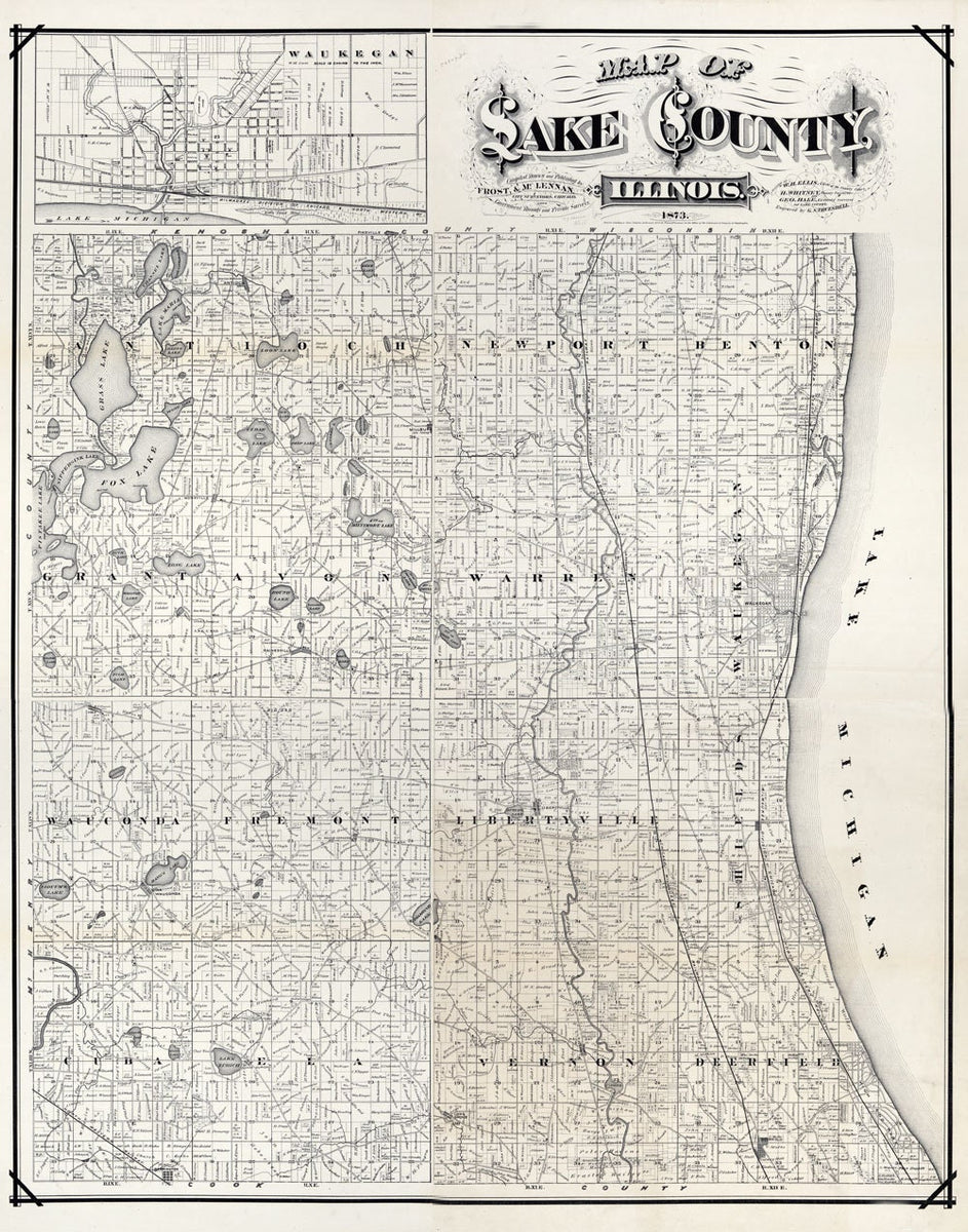 1873 Farm Line Map of Lake County Illinois Waukegan – Genealogical Surveyor