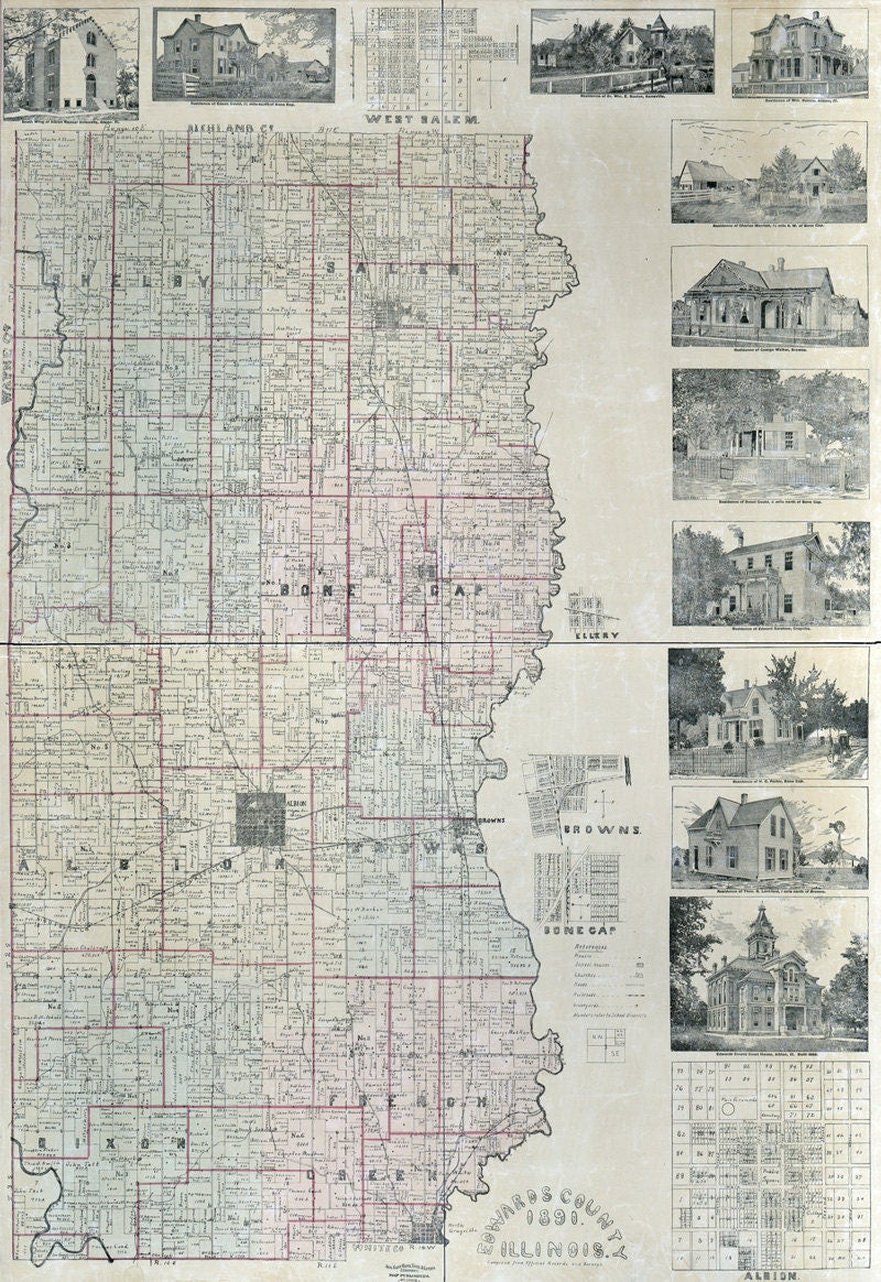 1891 Farm Line Map of Edwards County Illinois Albion – Genealogical ...
