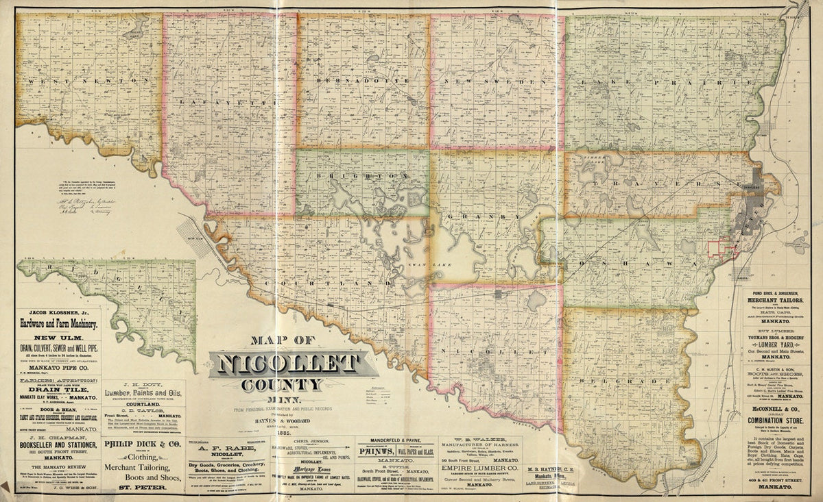 1885 Farm Line Map of Nicollet County Minnesota St Peter Traverse ...